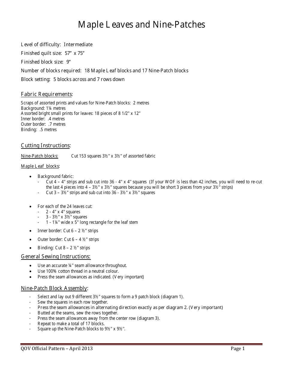 Maple Leaves and Nine-Patches Quilt Pattern Download Printable PDF | Templateroller