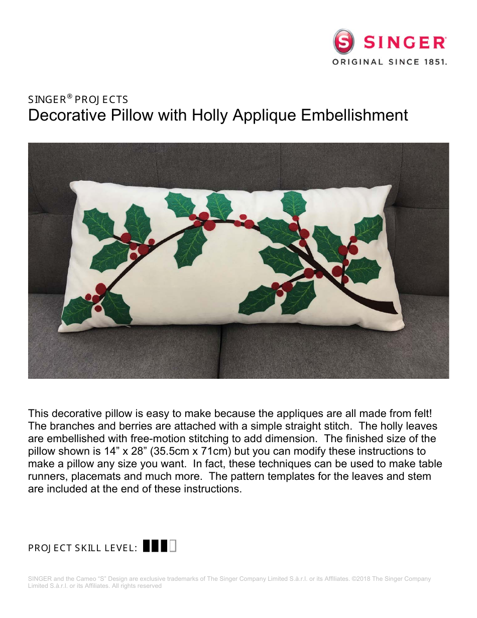 Holly Leaves Decorative Pillow Sewing Templates - the Singer Company ...