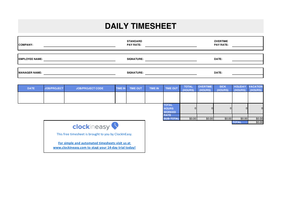 Daily Timesheet - Clockineasy Download Printable PDF | Templateroller