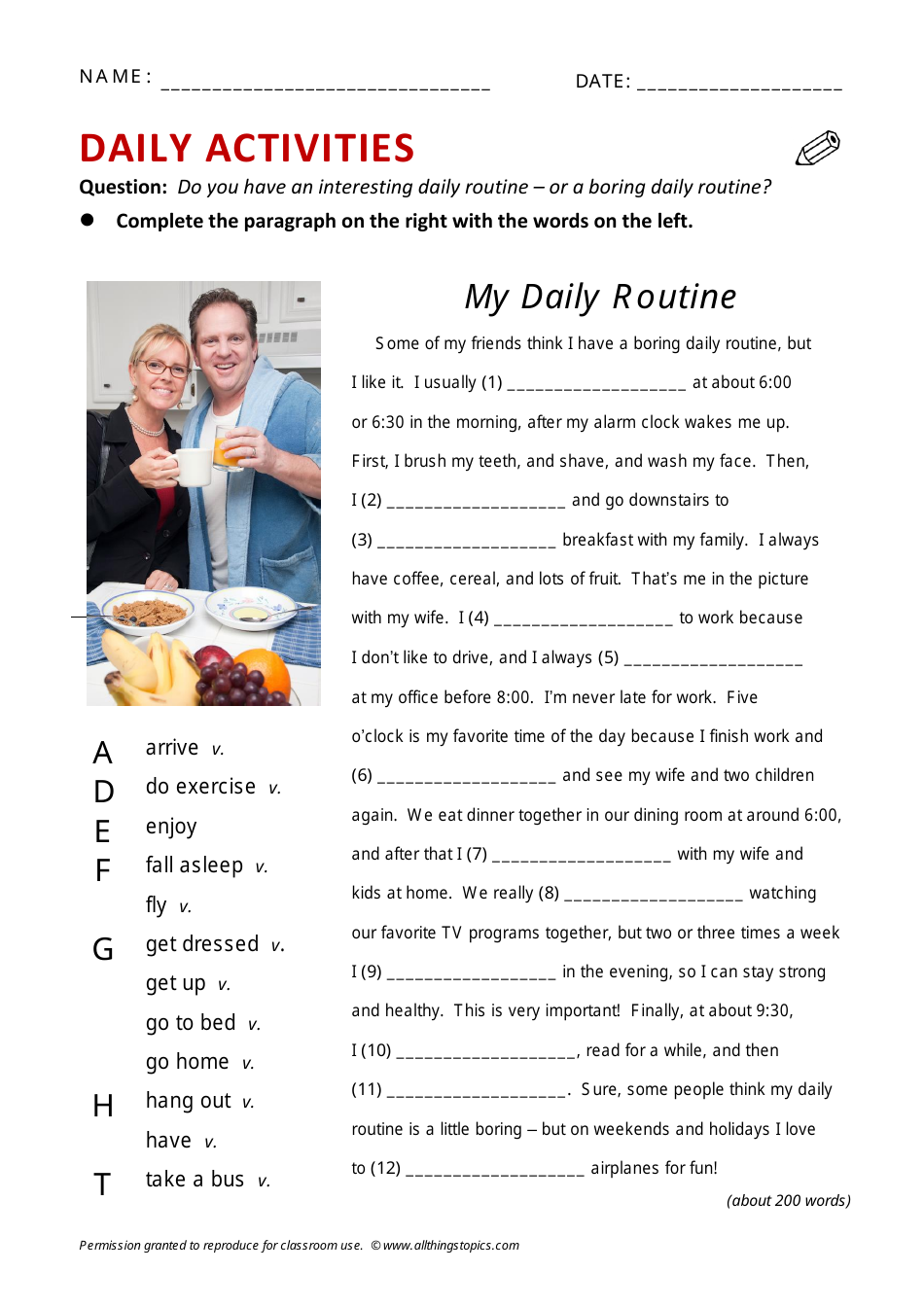 Daily Activities English Exercise Sheet - Allthingstopics Download ...