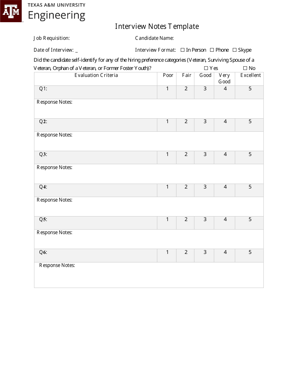Interview Notes Template - Texas a&m University Download Fillable PDF ...