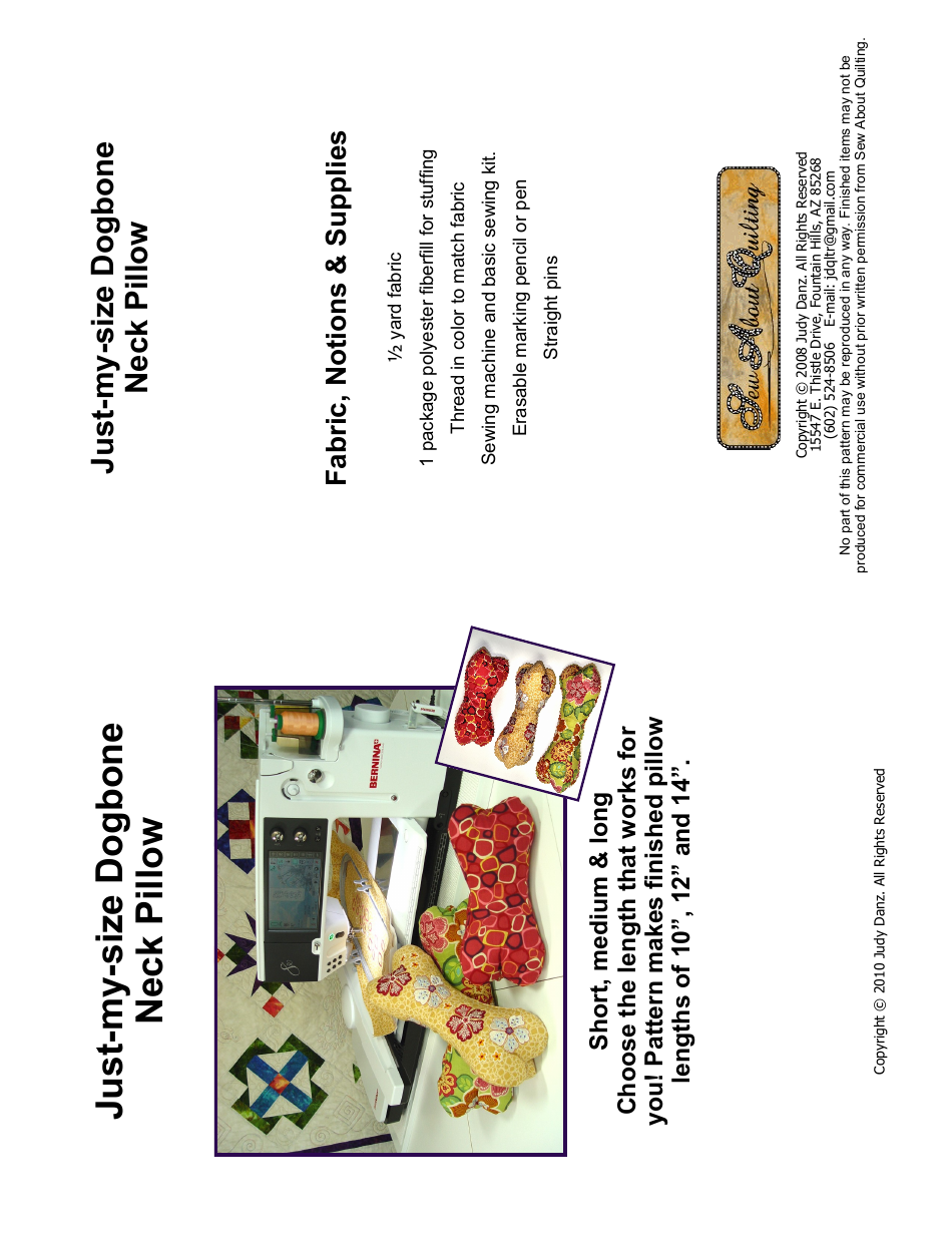 Dogbone Neck Pillow Pattern Piece Template - Judy Danz Download ...