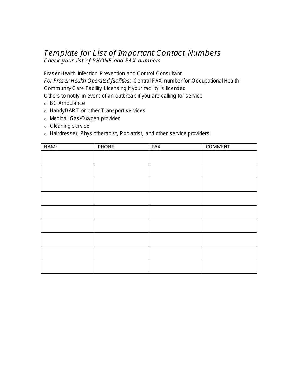Template for List of Important Contact Numbers Download Printable PDF ...