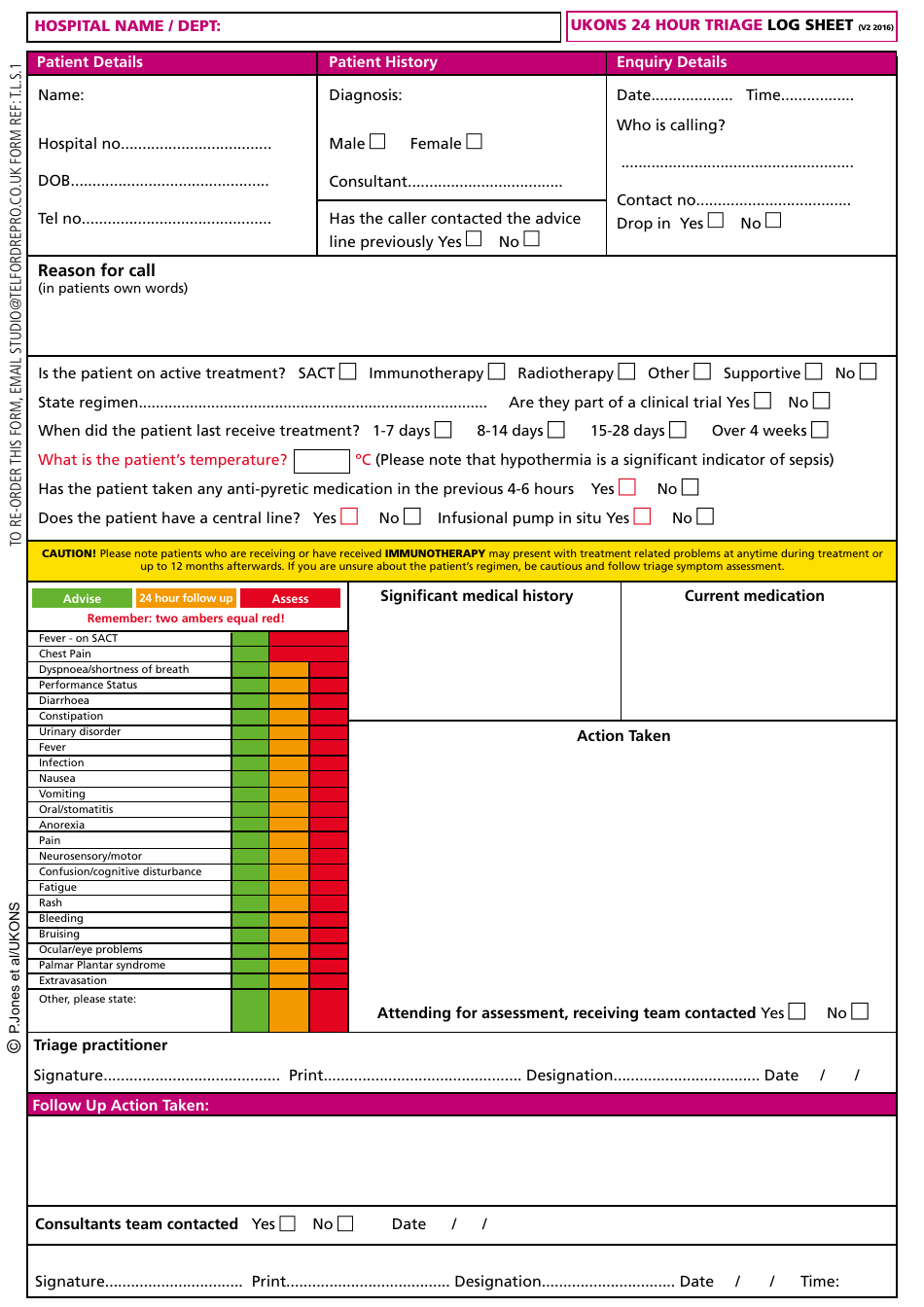 24 Hour Triage Log Sheet - P.jones Et Al/Ukons Download Printable PDF ...
