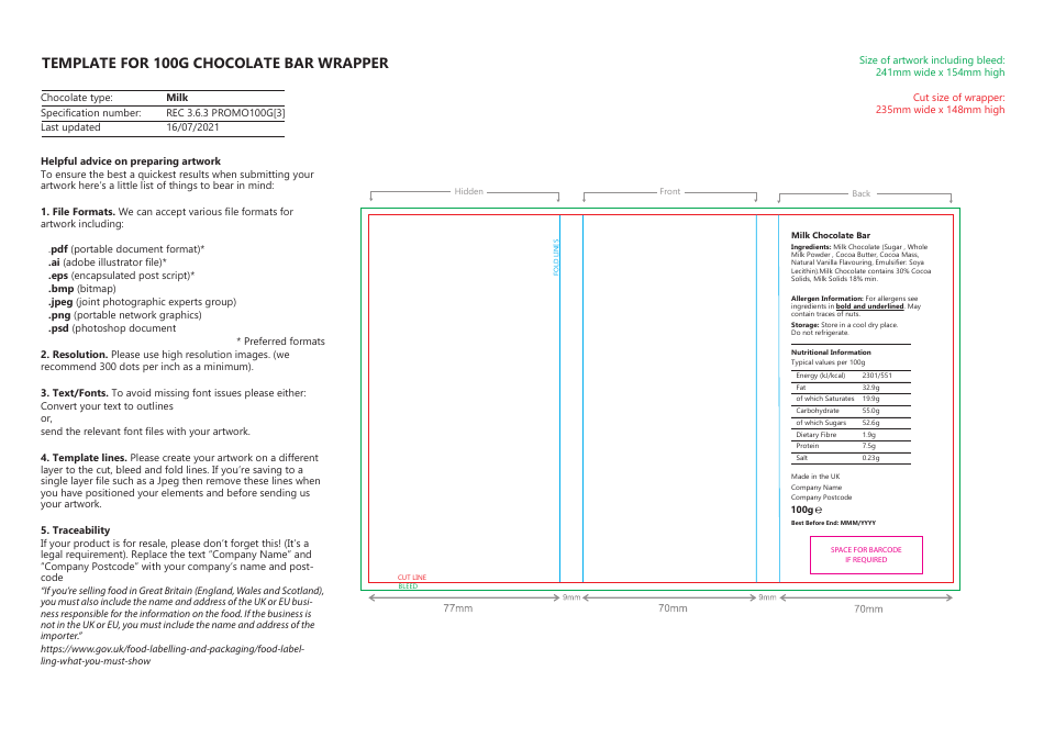100g Chocolate Bar Wrapper Print Template Download Printable PDF ...