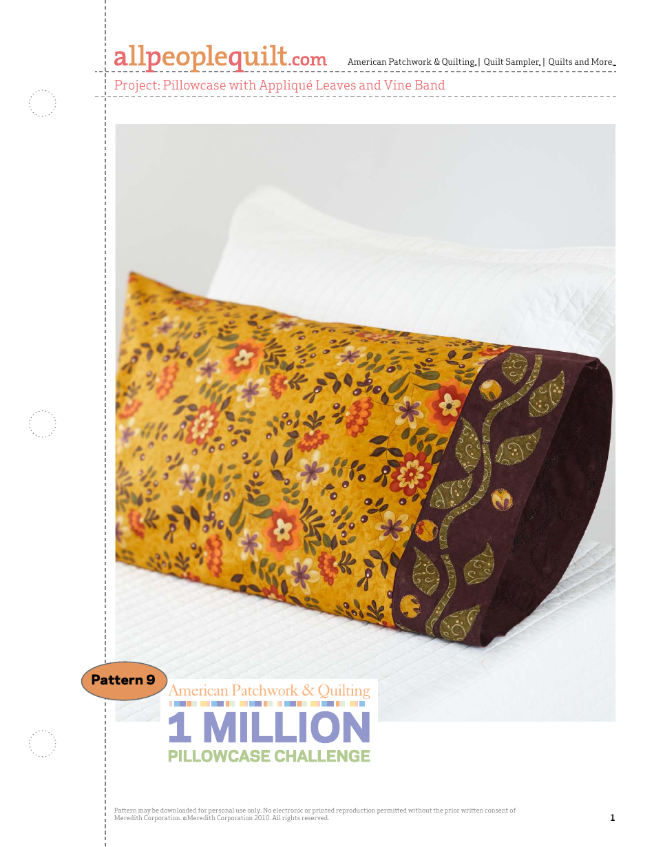 Pillowcase With Applique Leaves and Vine Band Quilting Template ...