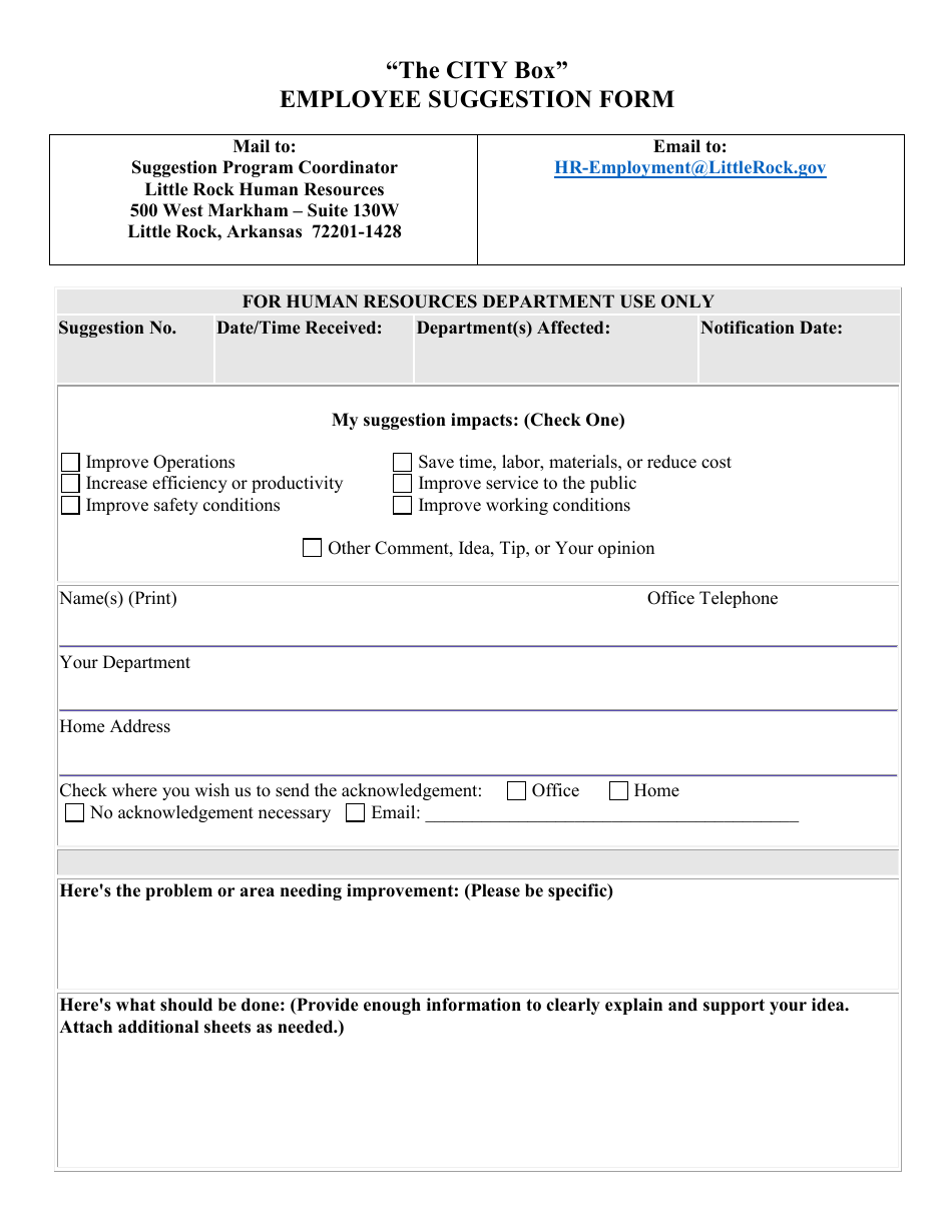 City of Little Rock, Arkansas Employee Suggestion Form - Fill Out, Sign ...