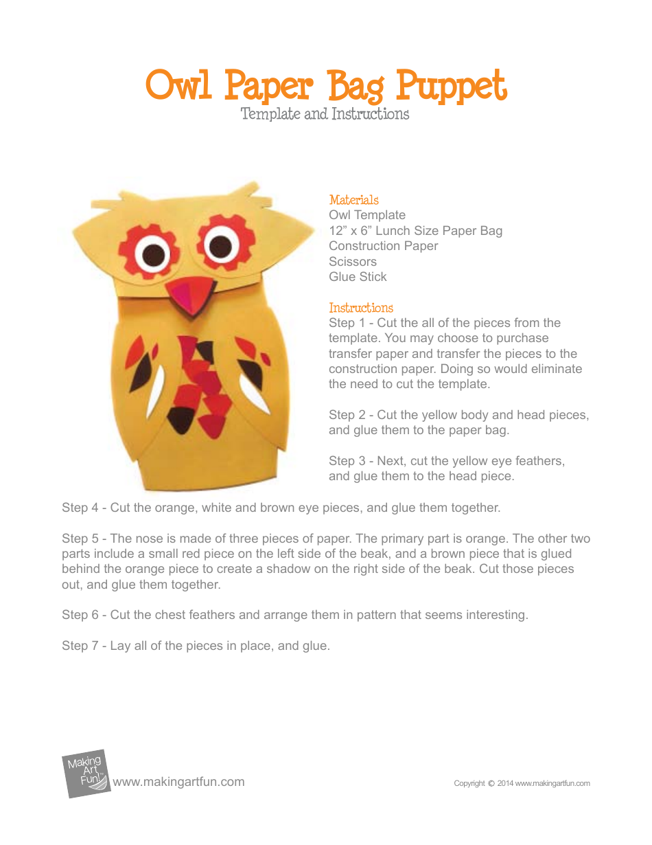 Owl Paper Bag Puppet Template Download Printable PDF | Templateroller