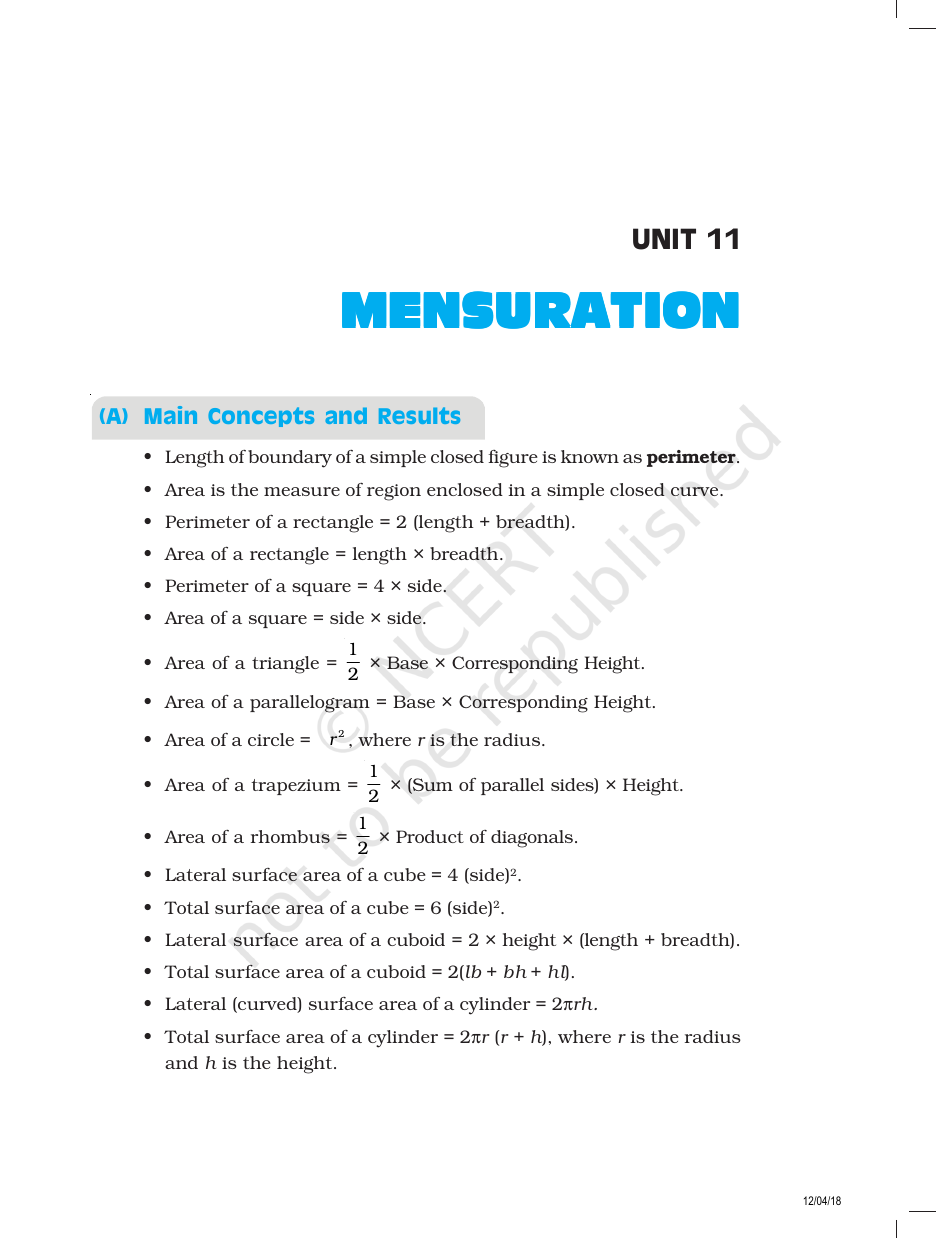 Unit 11 Math Test: Mensuration - Ncert Download Printable PDF ...