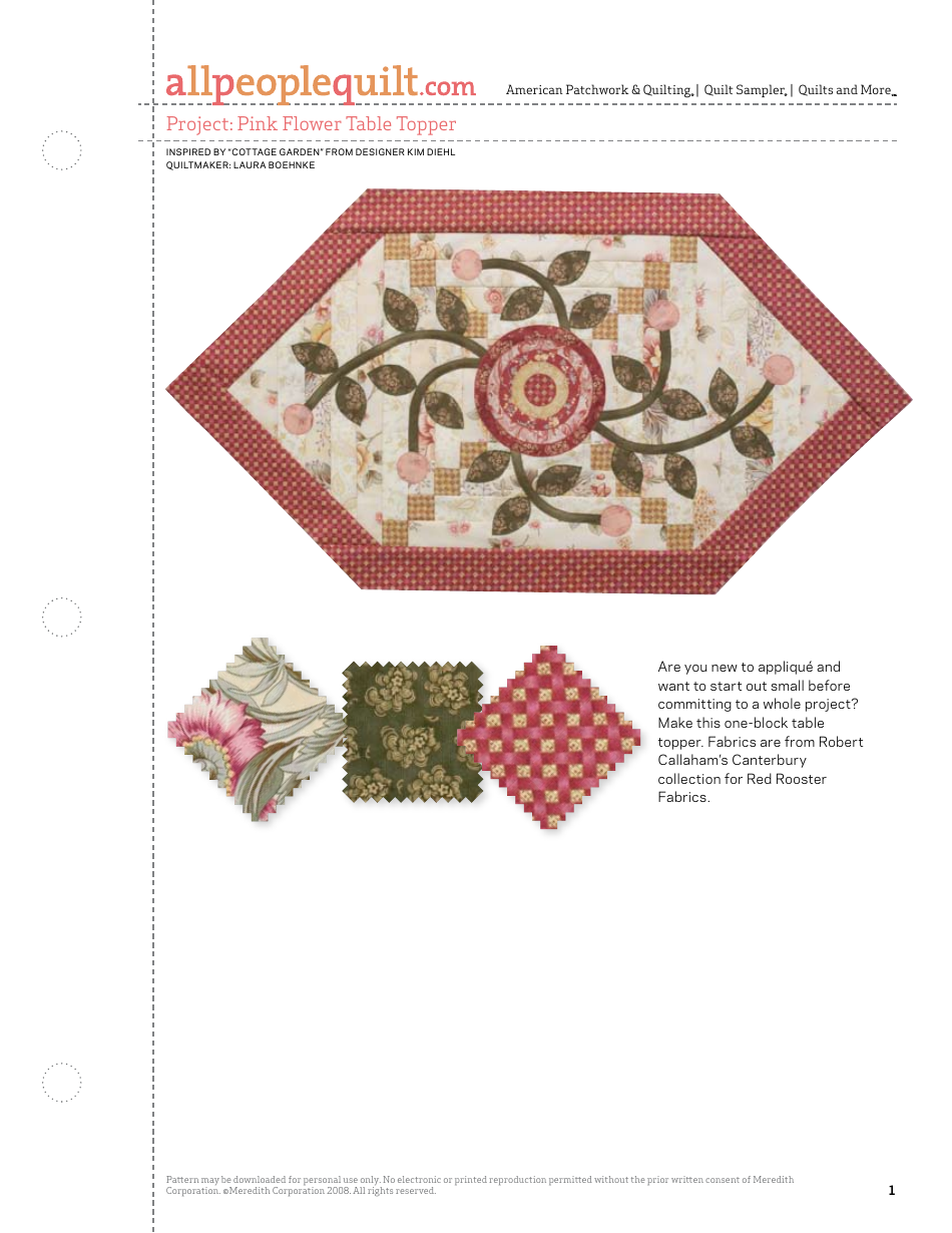 Pink Flower Table Topper Pattern Template - Meredith Corporation ...