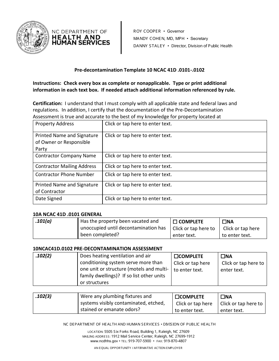 North Carolina Pre-decontamination Template - Fill Out, Sign Online and ...