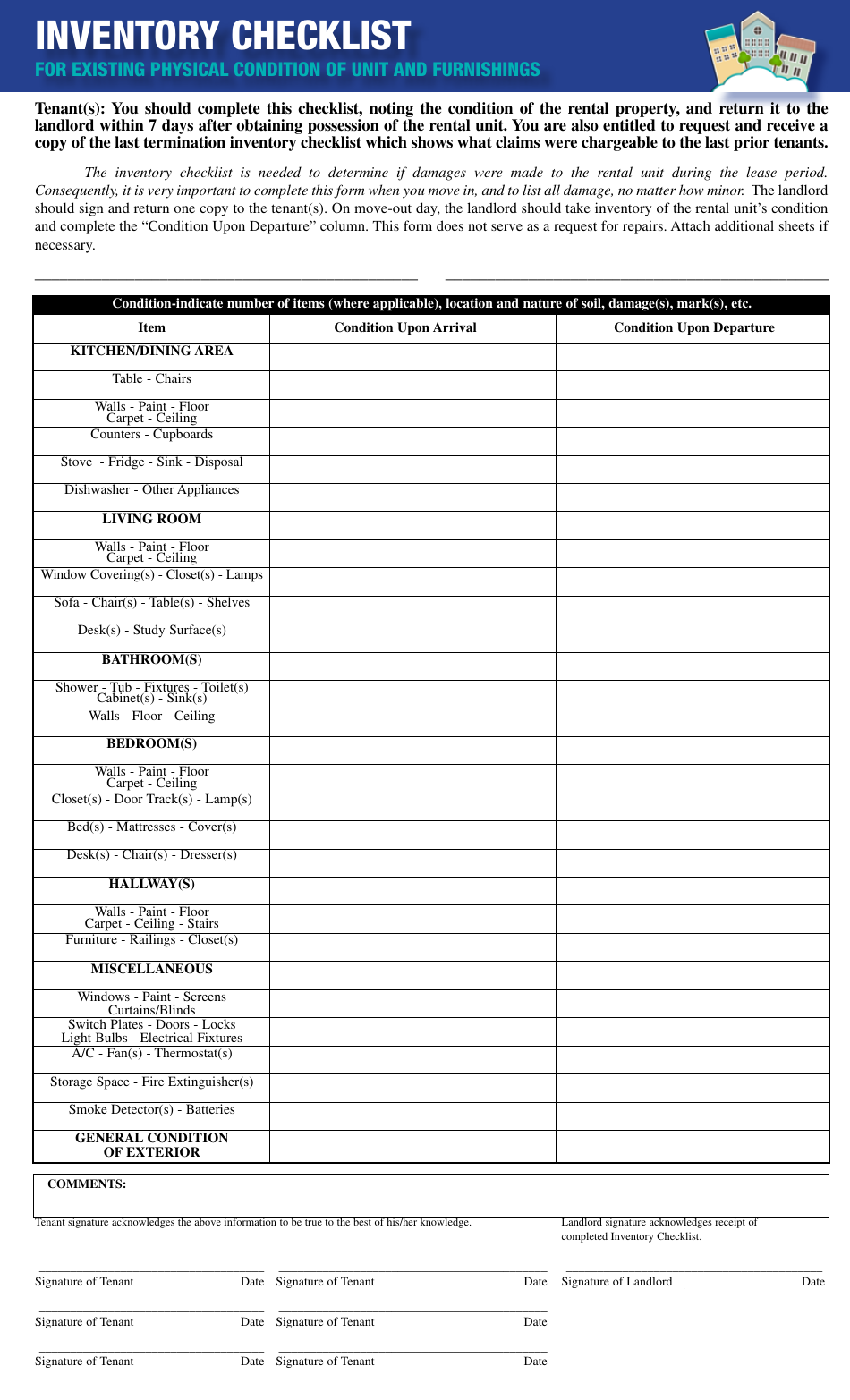 Inventory Checklist Template for Existing Physical Condition of Unit ...