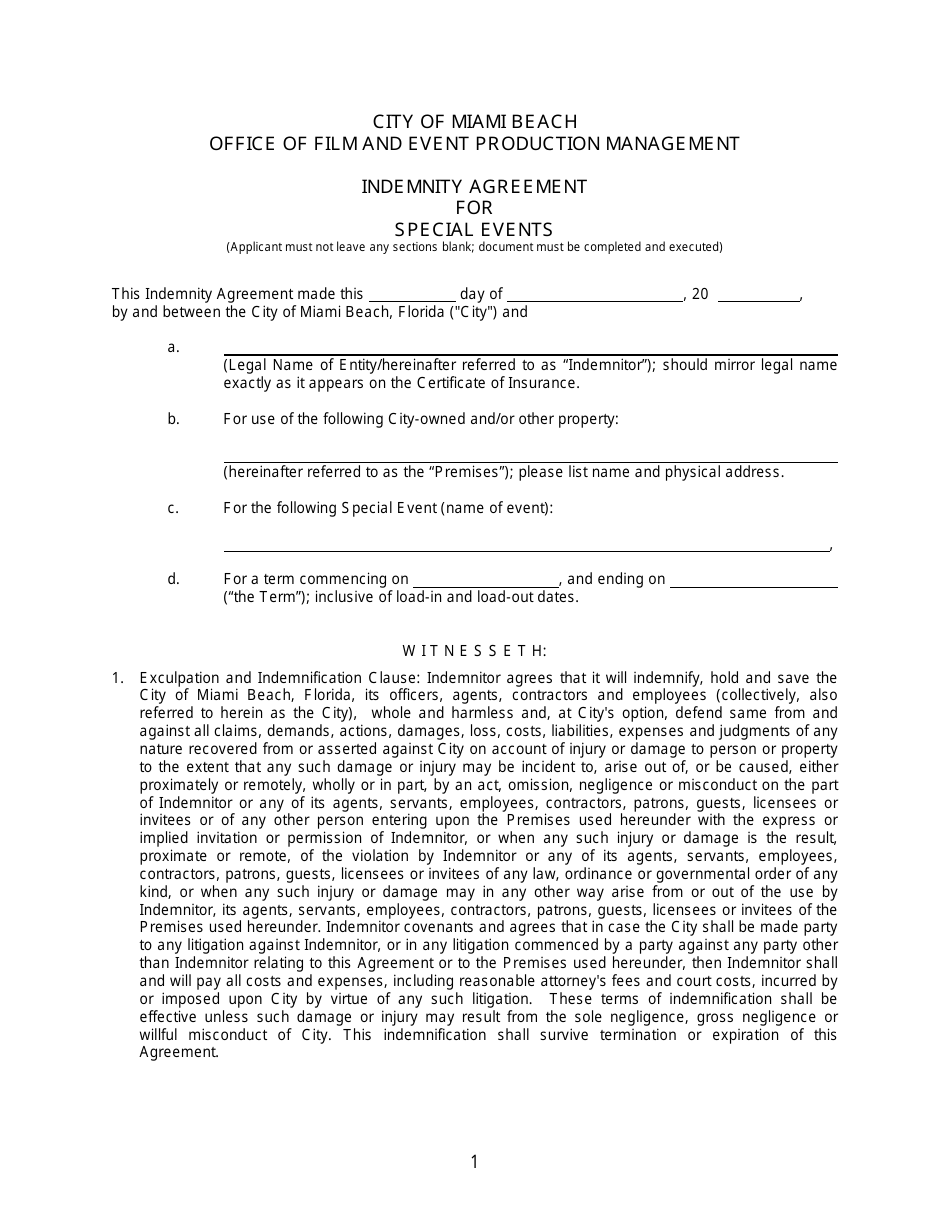 City of Miami Beach, Florida Special Events Indemnity Agreement Form ...