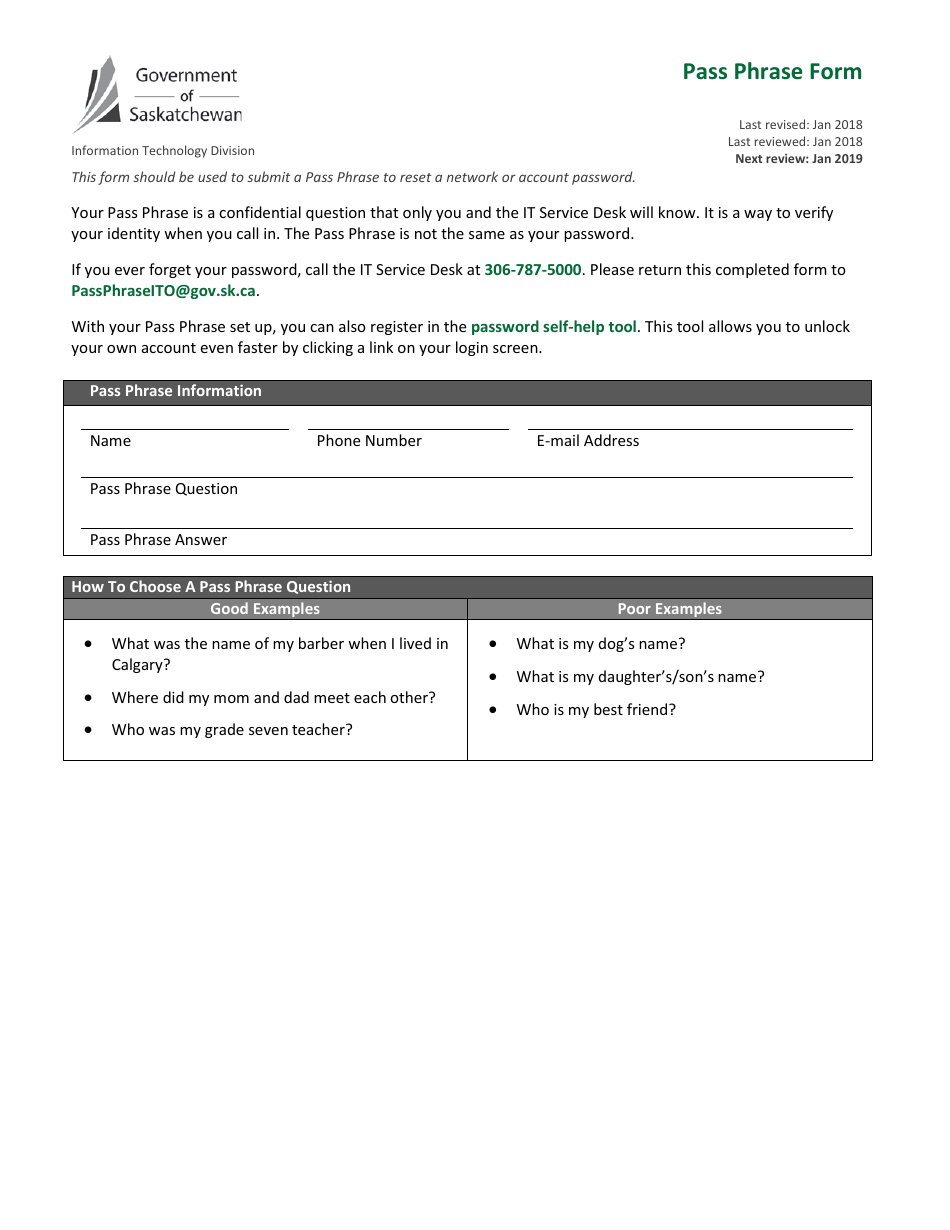 Saskatchewan Canada Pass Phrase Form - Fill Out, Sign Online and ...