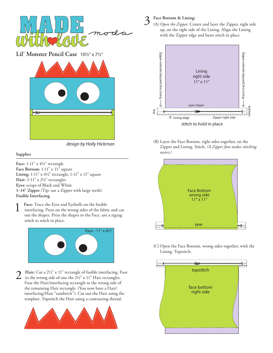 Lil' Monster Pencil Case Sewing Pattern Templates Download Printable ...