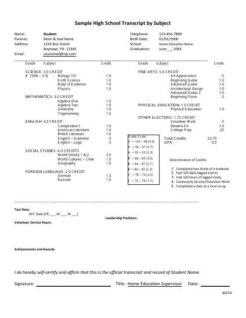 Sample Homeschool High School Transcript By Subject Download Printable 
