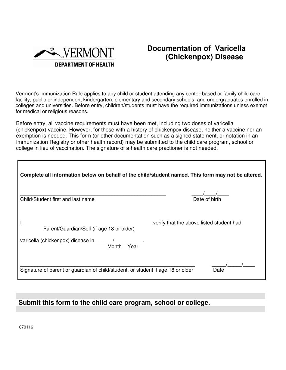 Vermont Documentation of Varicella (Chickenpox) Disease - Fill Out ...