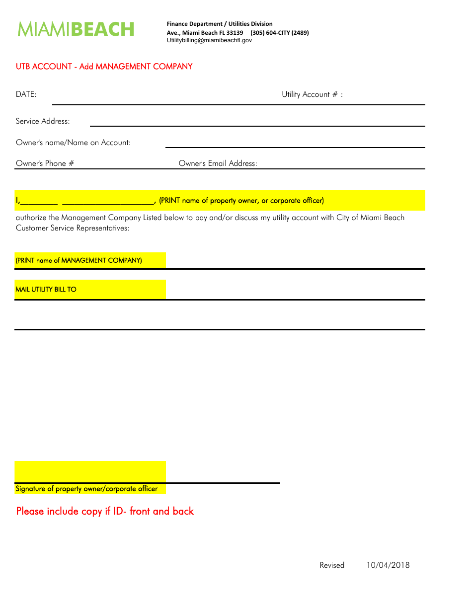 City of Miami Beach, Florida Utb Account - Add Management Company ...