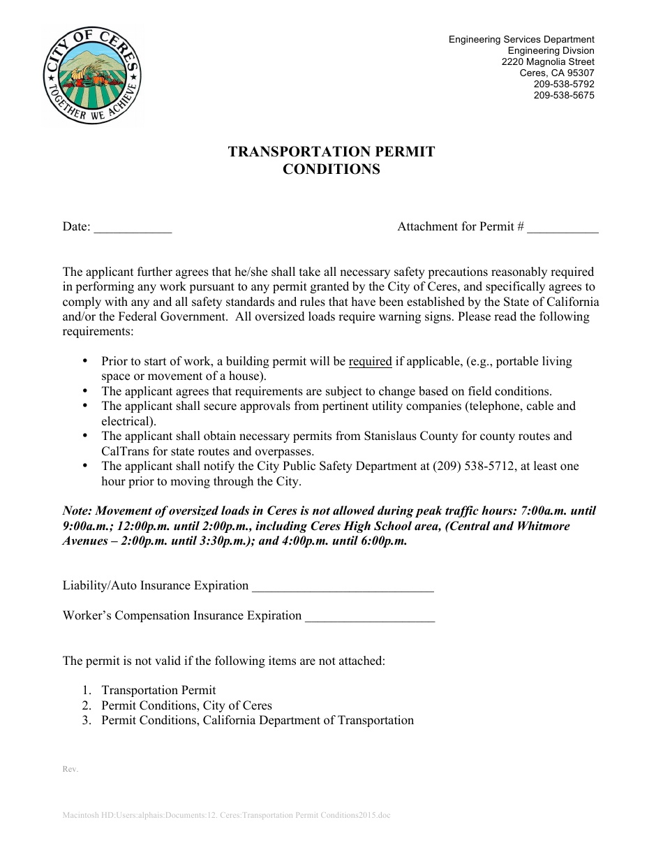 City of Ceres, California Transportation Permit Conditions - Fill Out ...
