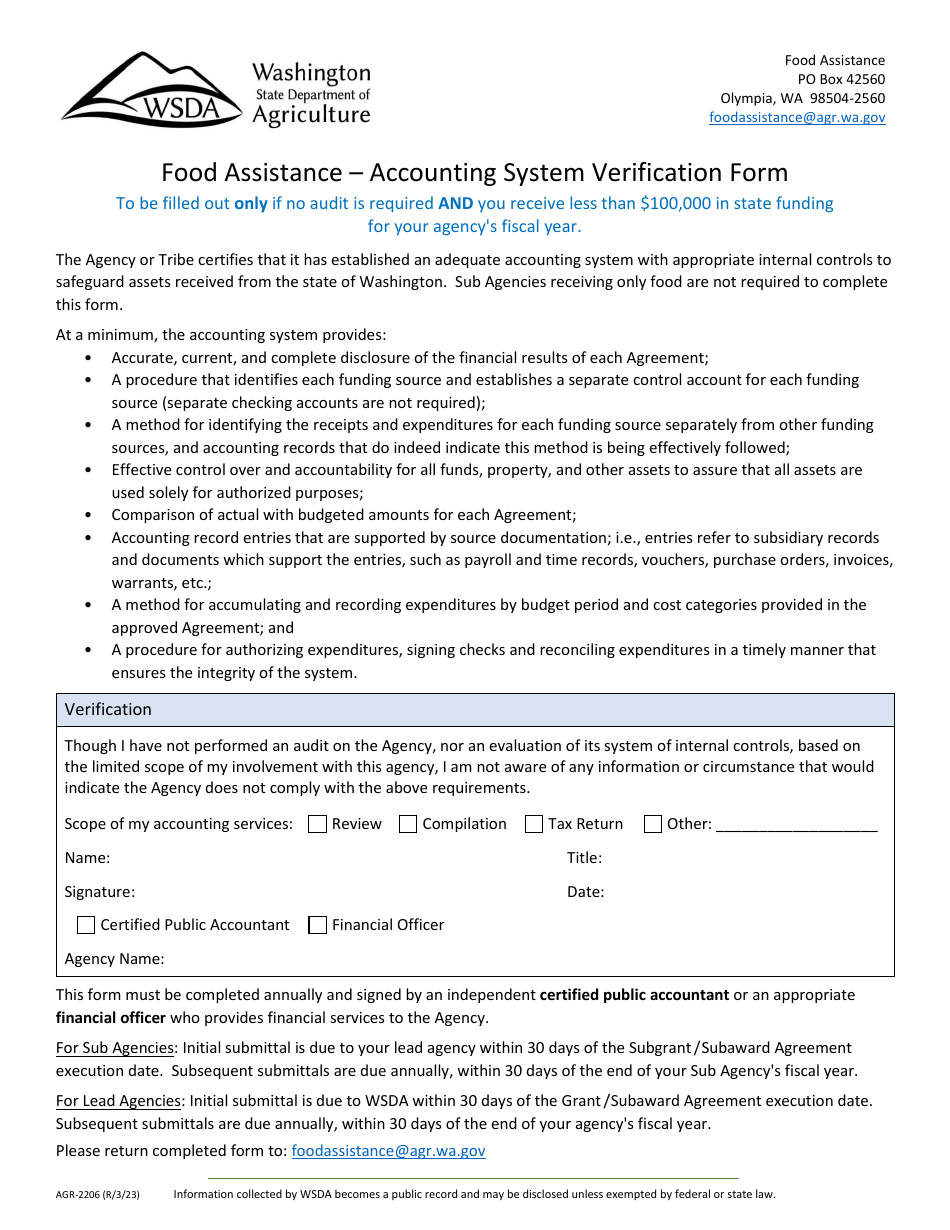 Form AGR-2206 Download Fillable PDF or Fill Online Food Assistance ...