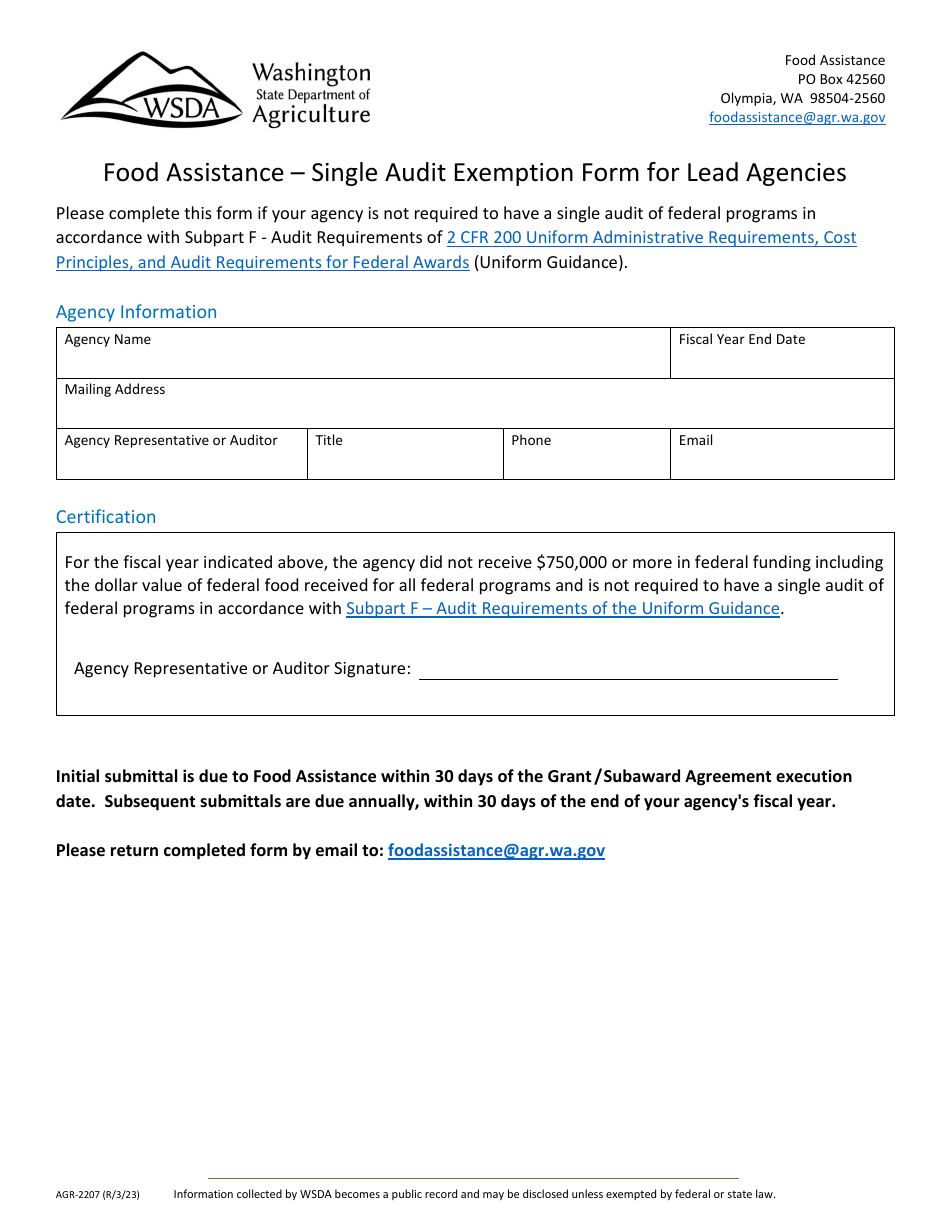 Form AGR-2207 Download Fillable PDF or Fill Online Food Assistance ...