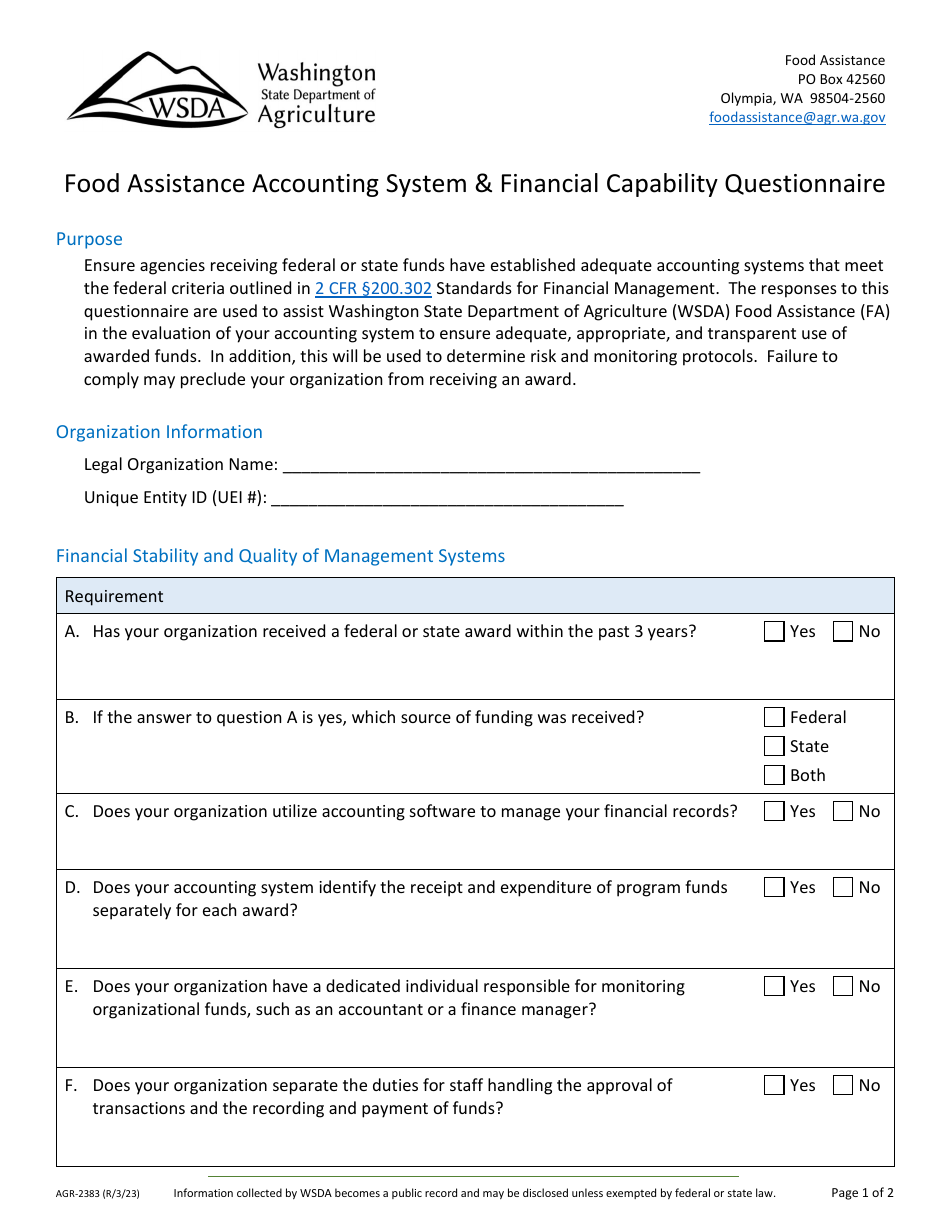 Form AGR-2383 Download Fillable PDF or Fill Online Food Assistance ...