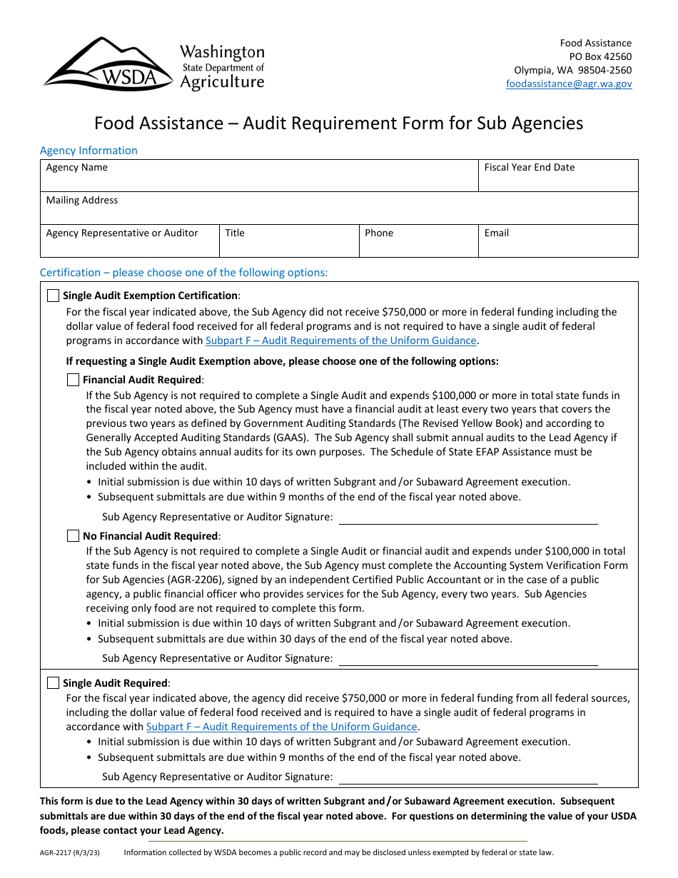 Form AGR-2217 Download Fillable PDF or Fill Online Food Assistance ...