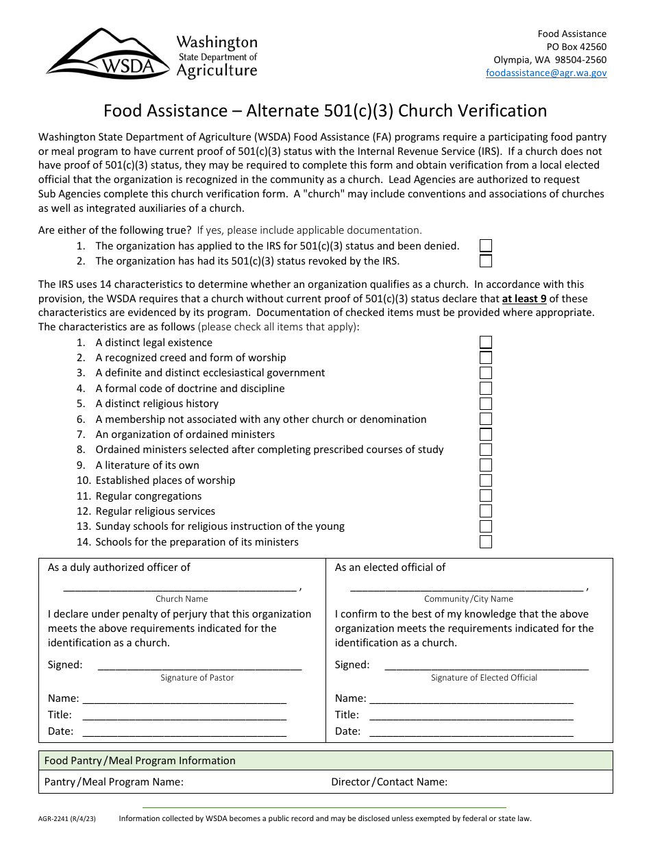 Form AGR-2241 Download Fillable PDF or Fill Online Food Assistance ...