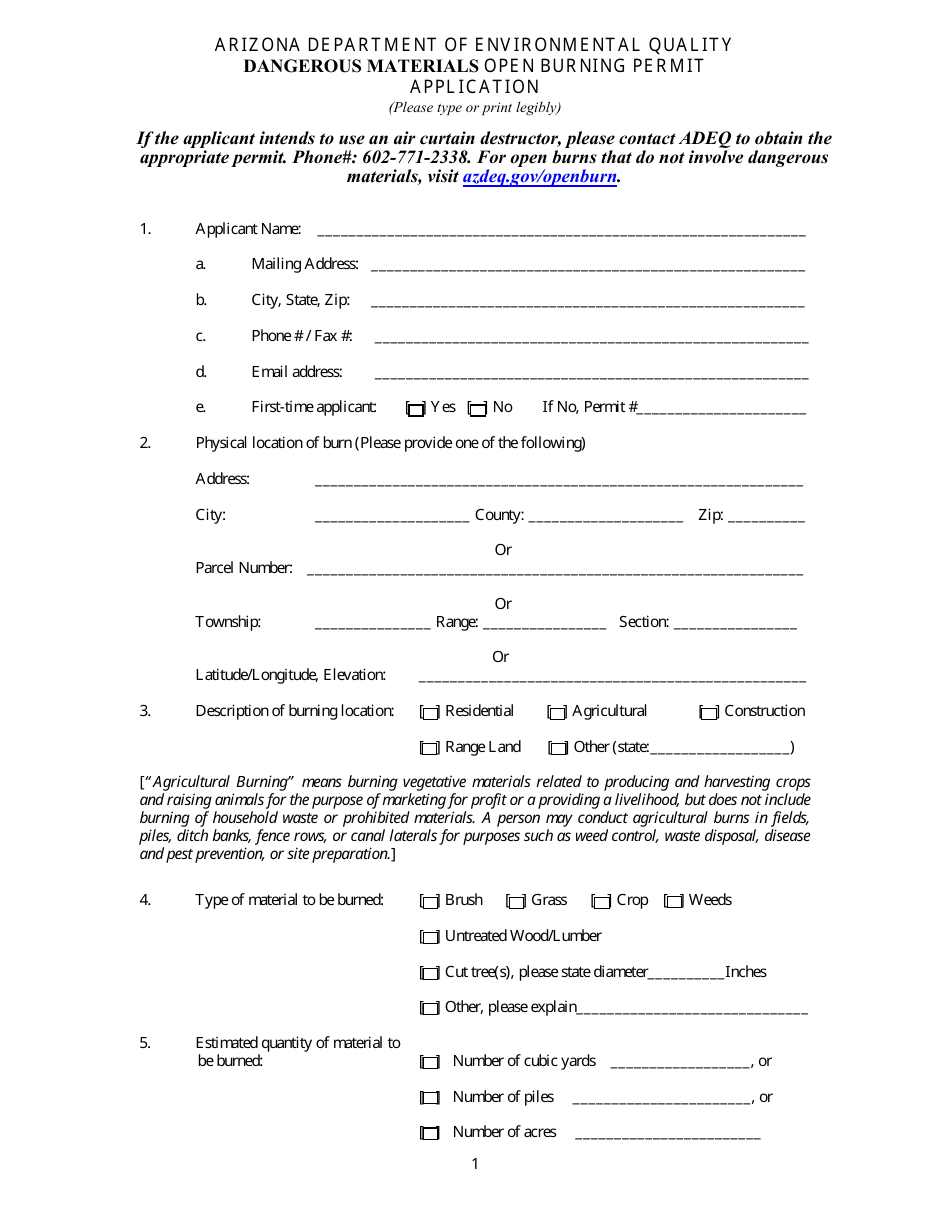 Arizona Dangerous Materials Open Burning Permit Application - Fill Out ...
