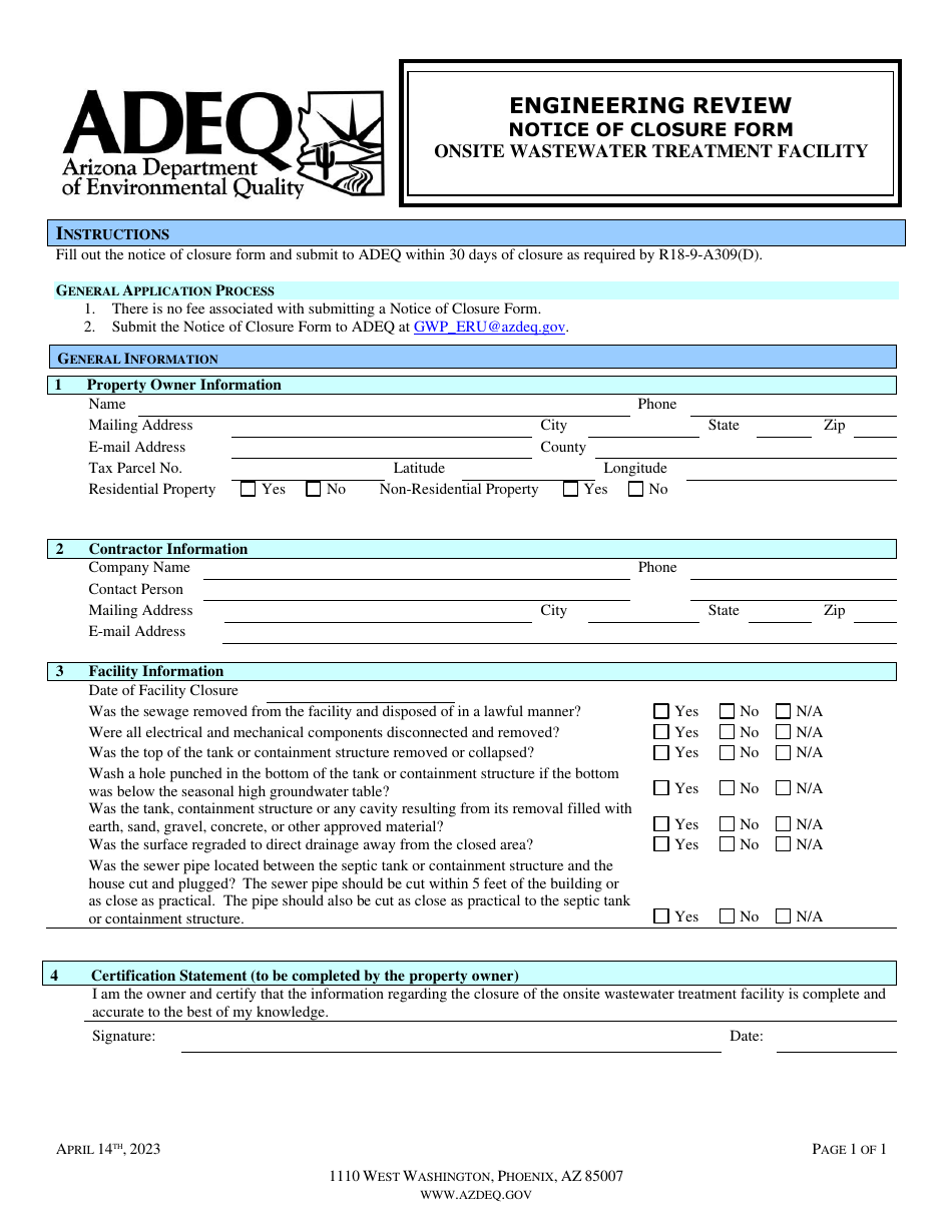 Arizona Engineering Review - Notice of Closure Form - Onsite Wastewater ...
