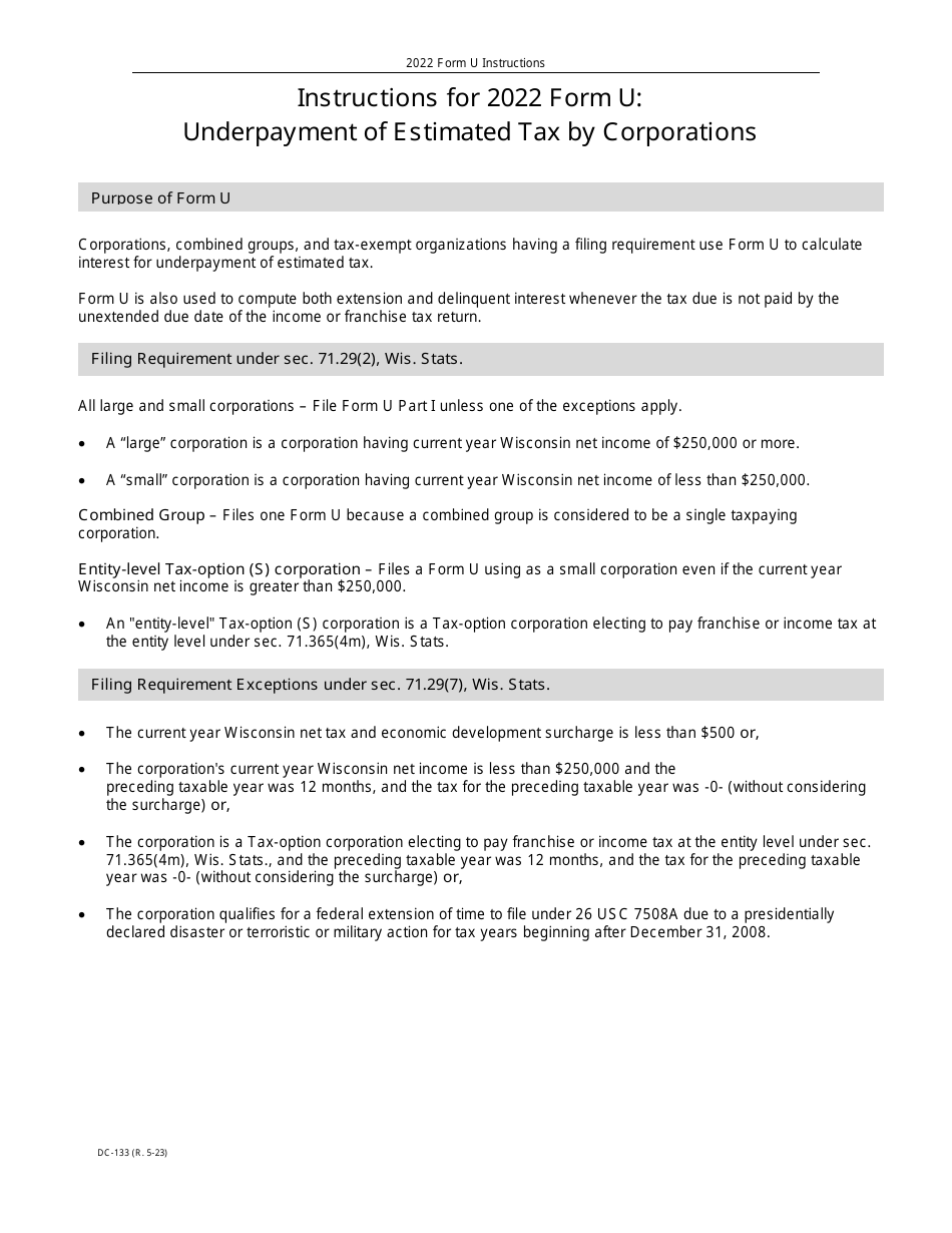 Download Instructions for Form U, DC-133 Underpayment of Estimated Tax ...