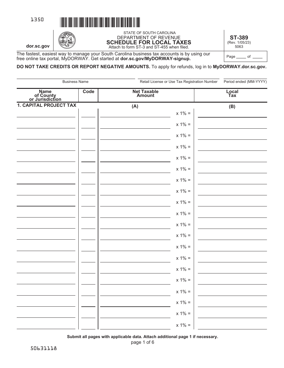 Form ST-389 Download Printable PDF or Fill Online Schedule for Local Taxes, South Carolina ...