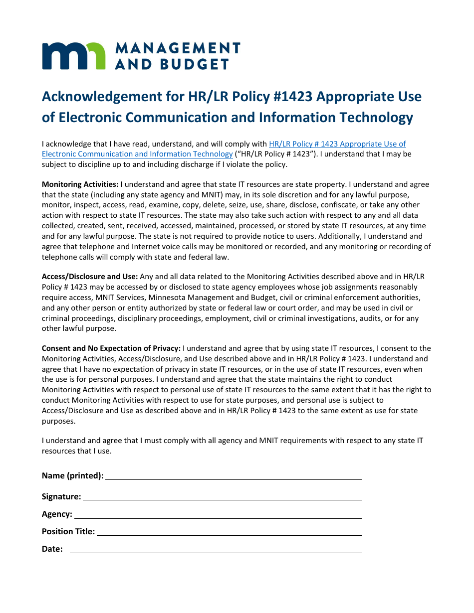 Minnesota Acknowledgement for HR/Lr Policy #1423 Appropriate Use of ...