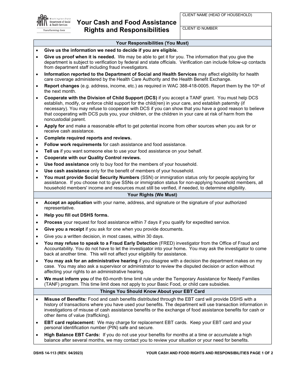 DSHS Form 14-113 Download Printable PDF or Fill Online Your Cash and ...