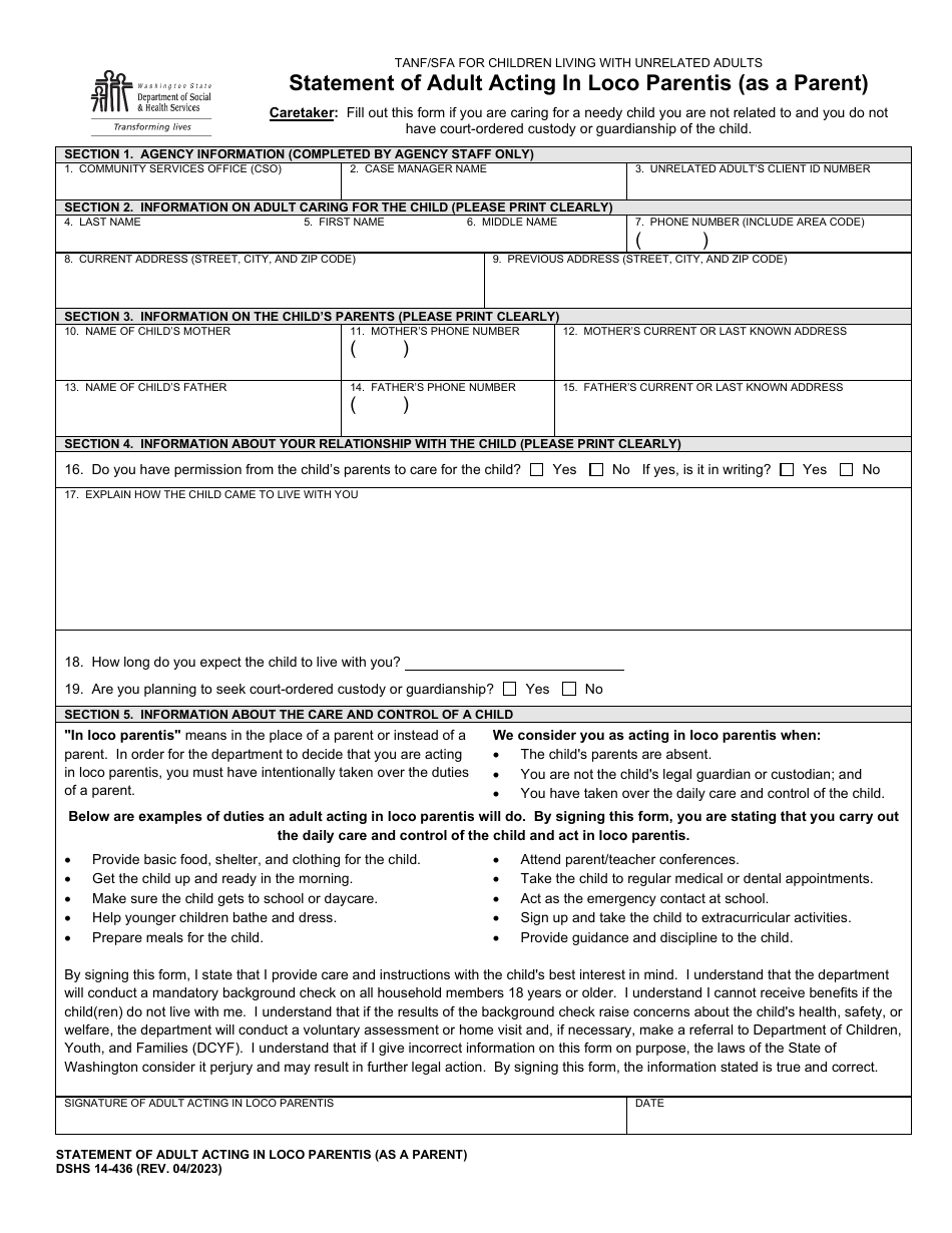 Dshs Form 14 436 Download Printable Pdf Or Fill Online Statement Of