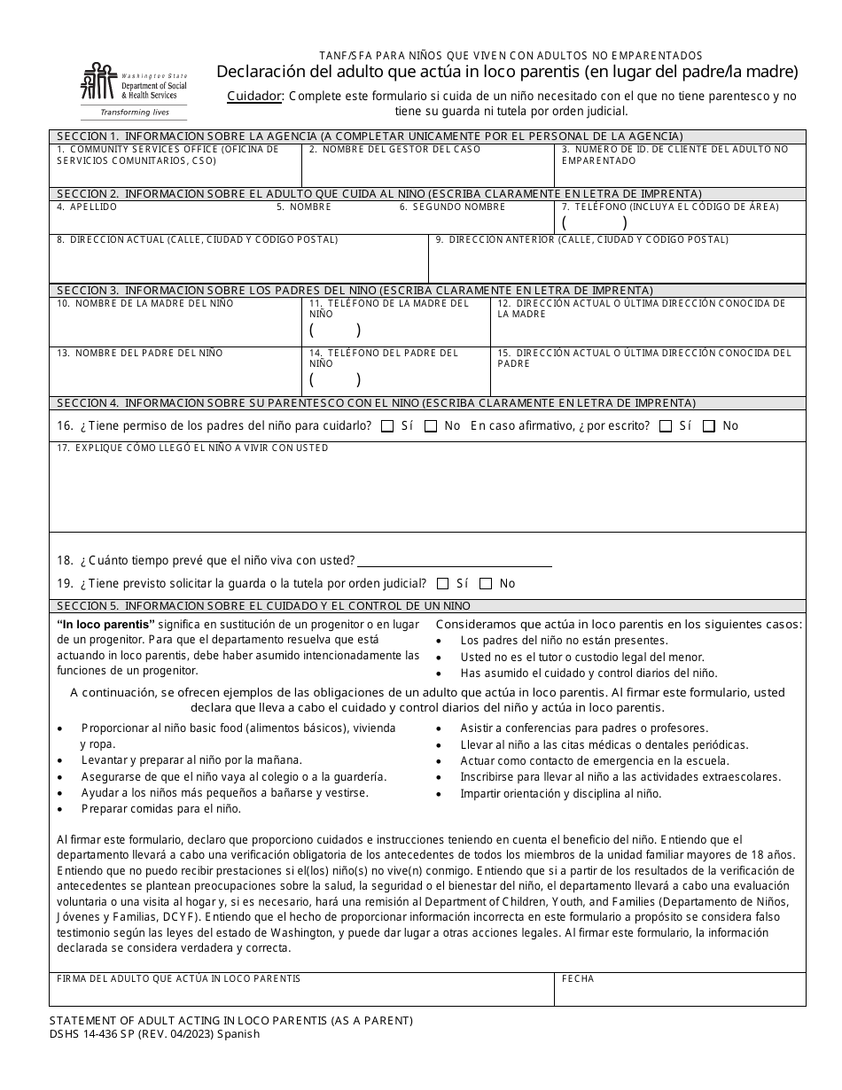 DSHS Formulario 14-436 Download Printable PDF or Fill Online ...