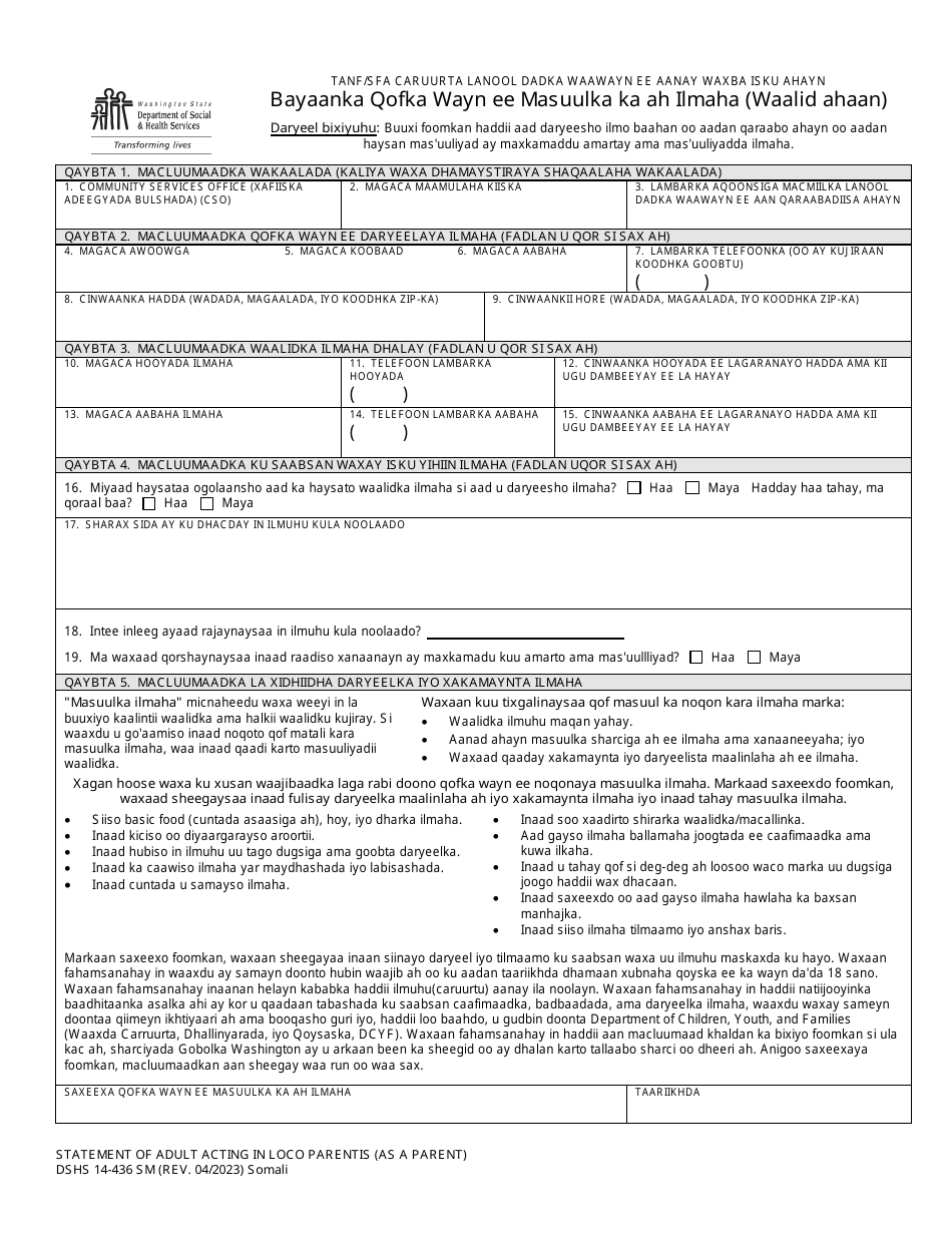 DSHS Form 14-436 Download Printable PDF or Fill Online Statement of ...