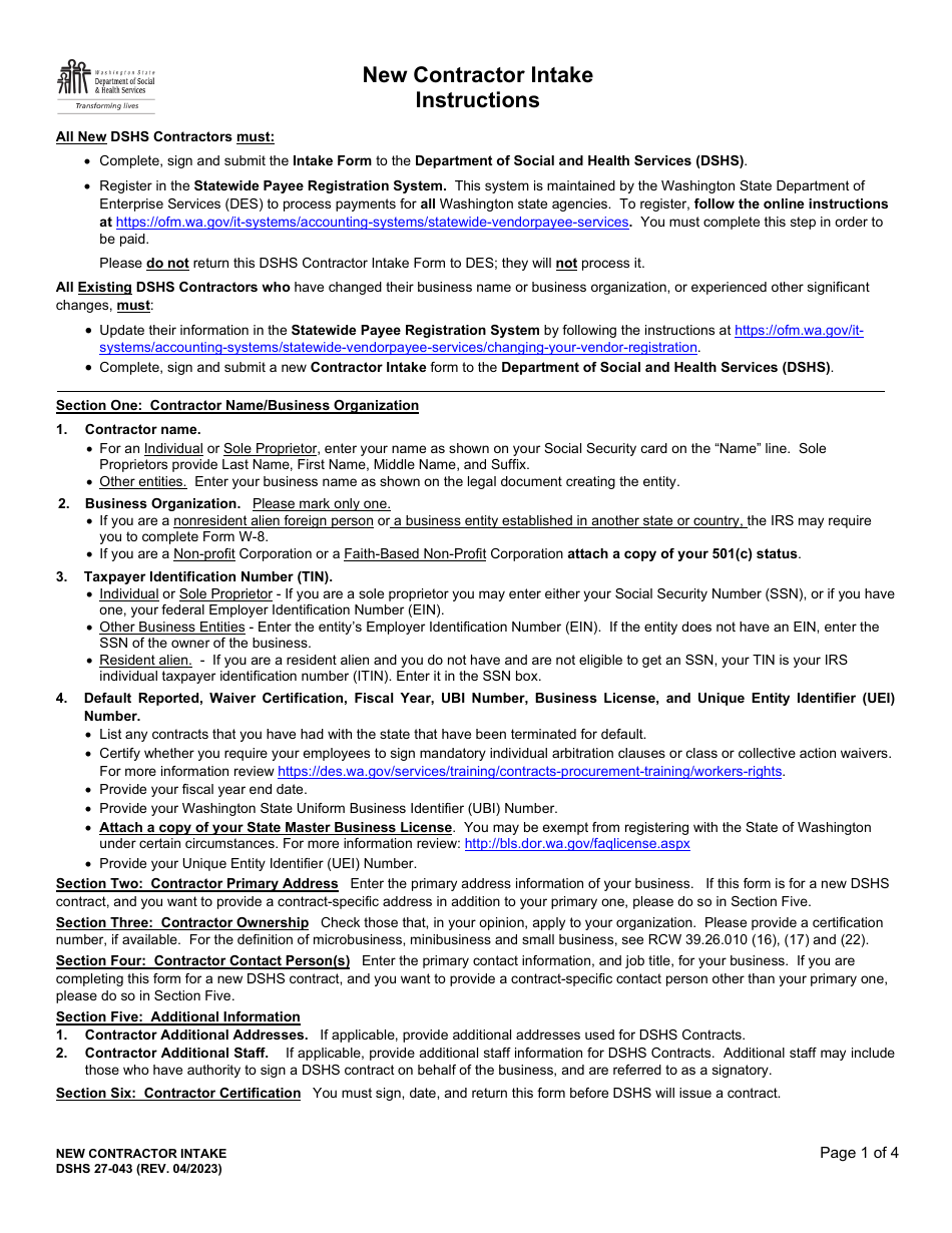 DSHS Form 27-043 Download Printable PDF or Fill Online Contractor ...