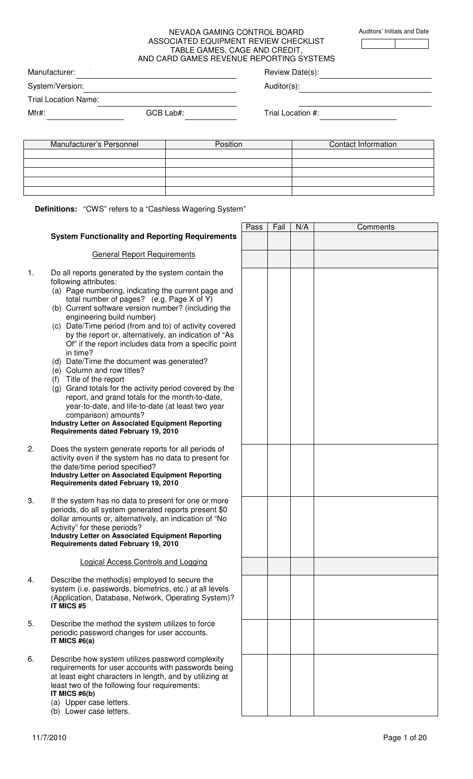 Nevada Associated Equipment Review Checklist - Table Games, Cage and ...