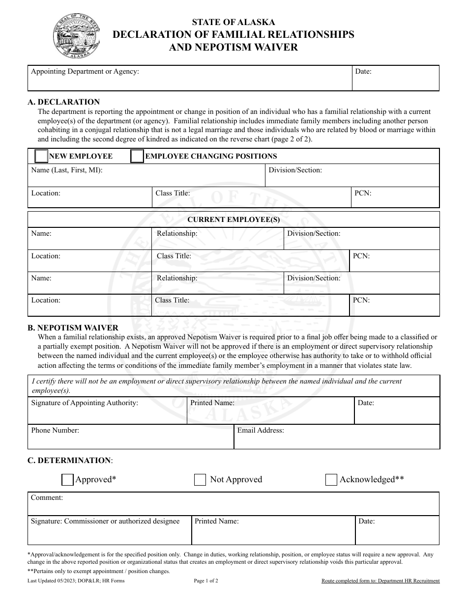 Alaska Declaration of Familial Relationships and Nepotism Waiver ...
