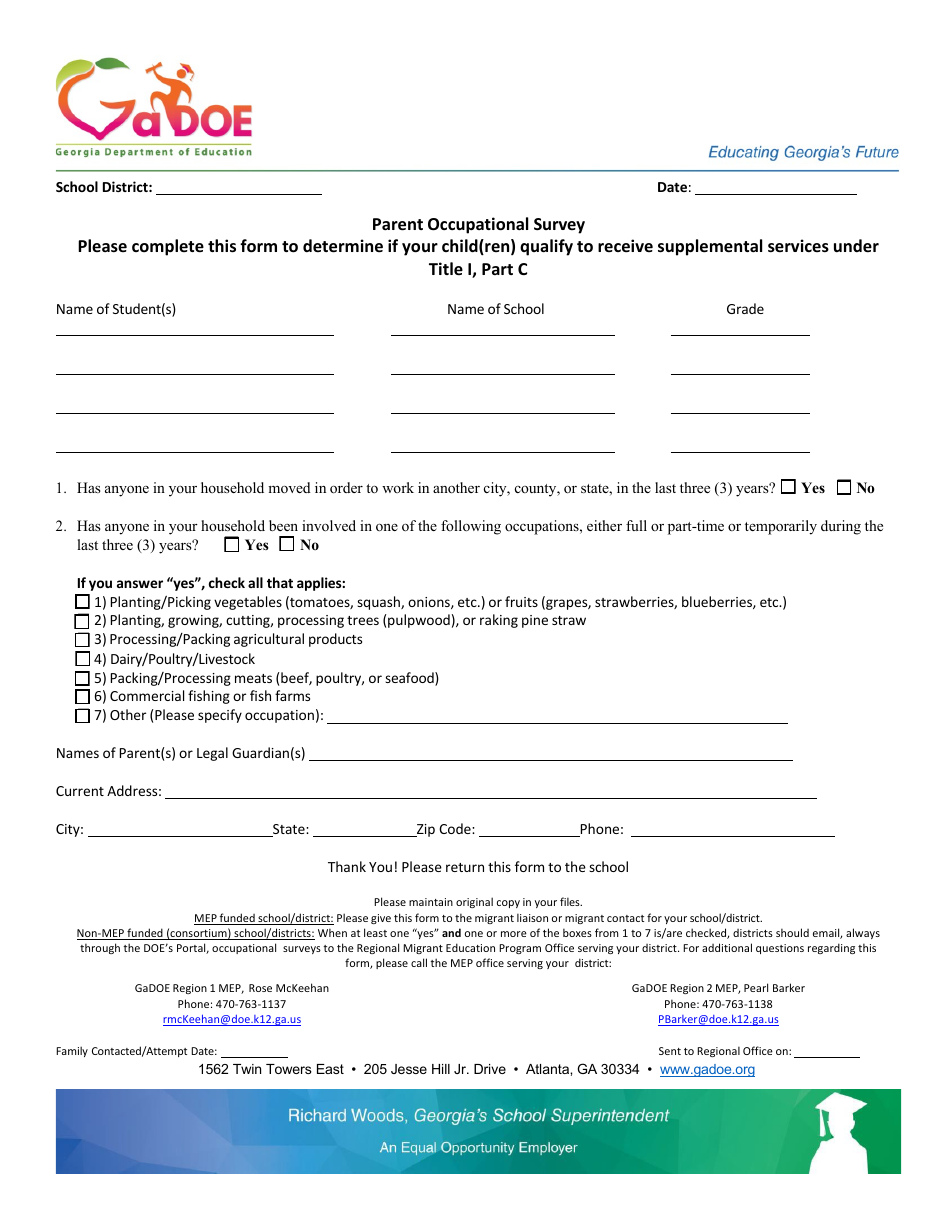 Georgia (United States) Parent Occupational Survey - Fill Out, Sign ...