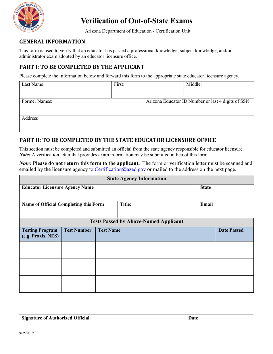 Arizona Verification of Out-of-State Exams - Fill Out, Sign Online and ...
