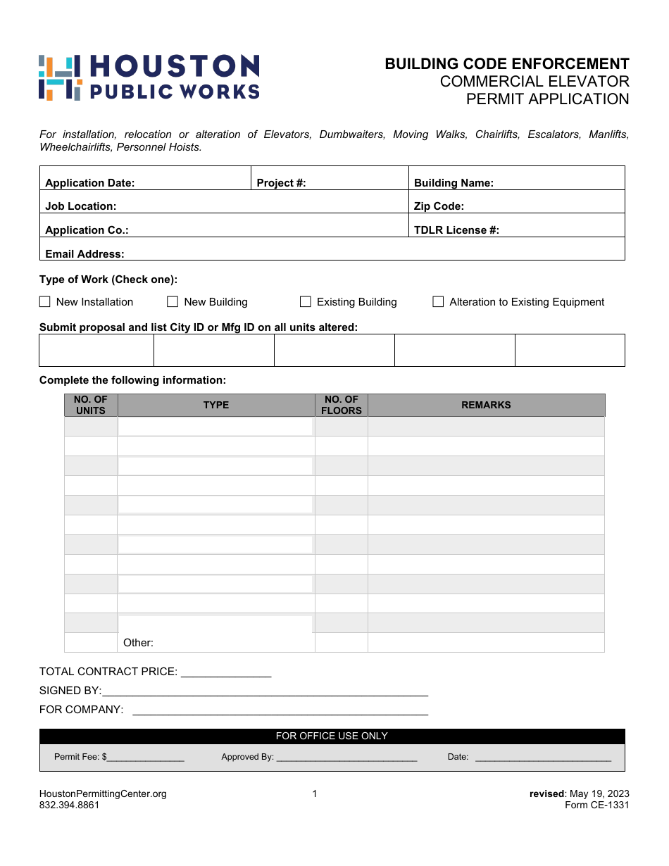Form CE-1331 Download Fillable PDF or Fill Online Commercial Elevator ...