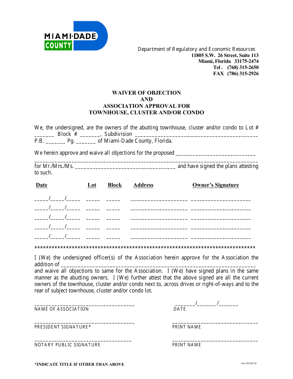 Miami-Dade County, Florida Waiver of Objection and Association Approval ...