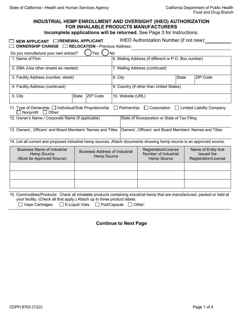 Form CDPH8763 - Fill Out, Sign Online and Download Fillable PDF ...