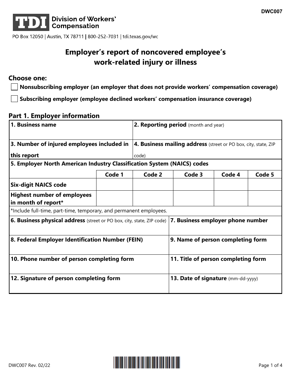 Form DWC007 - Fill Out, Sign Online and Download Fillable PDF, Texas ...