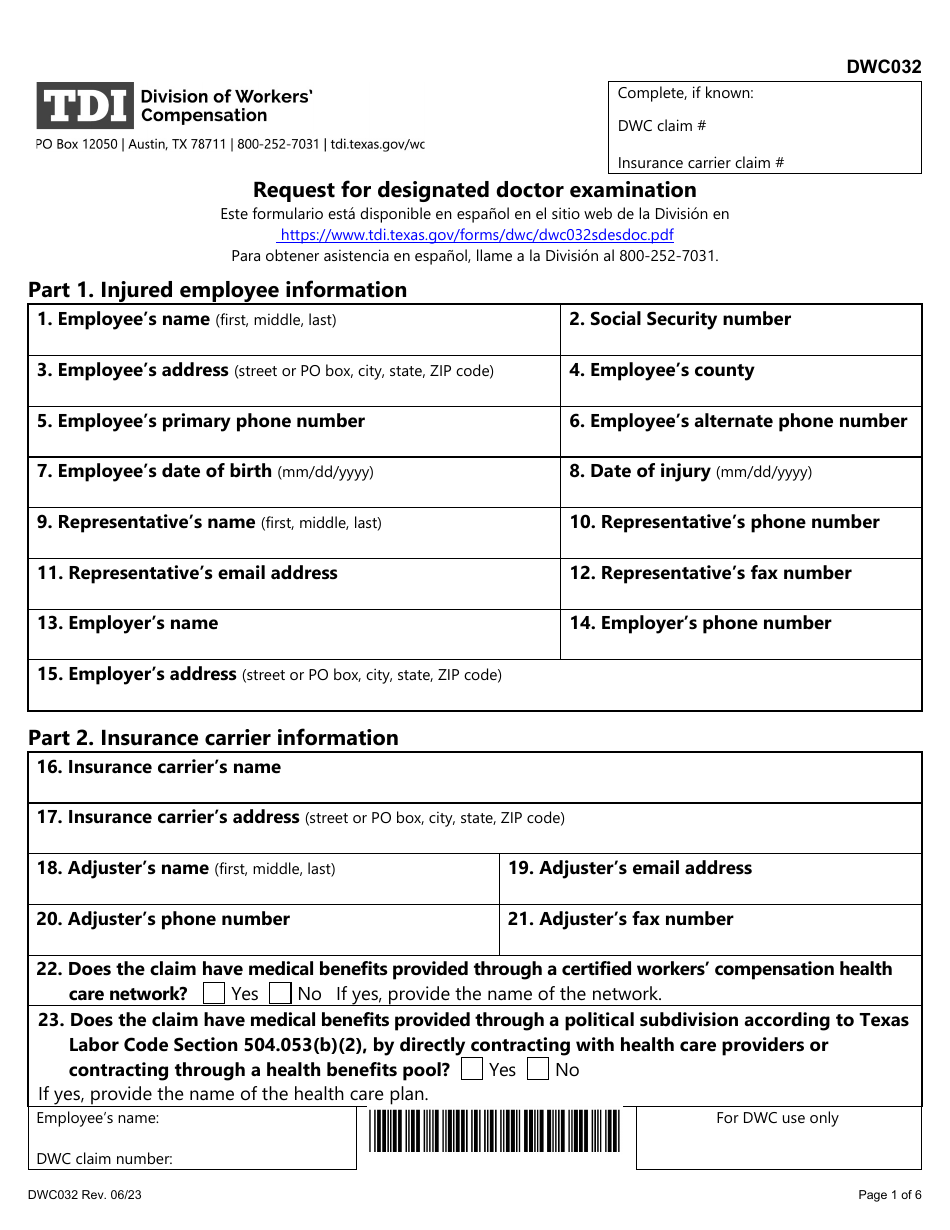 Form DWC032 - Fill Out, Sign Online and Download Fillable PDF, Texas ...