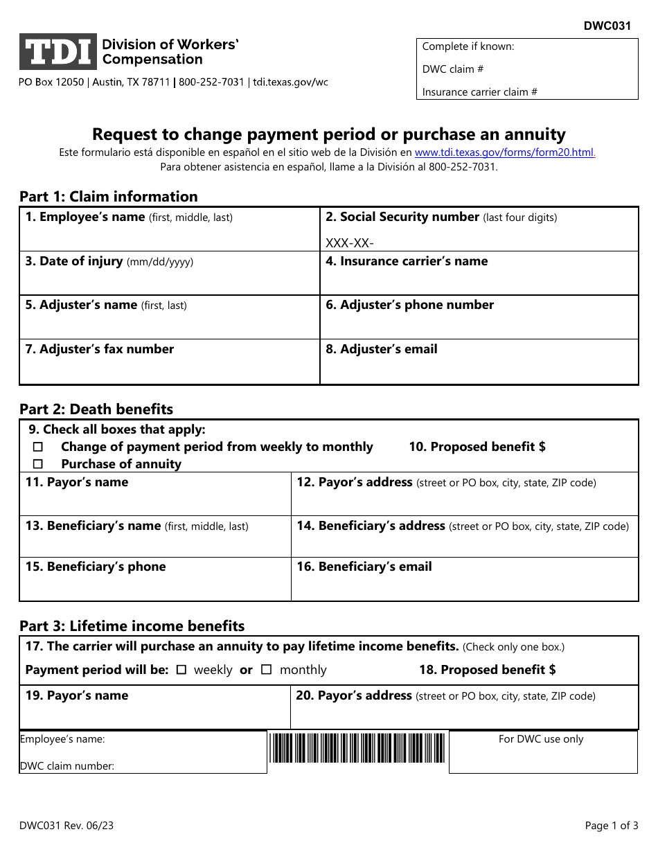 Form DWC031 - Fill Out, Sign Online and Download Fillable PDF, Texas ...