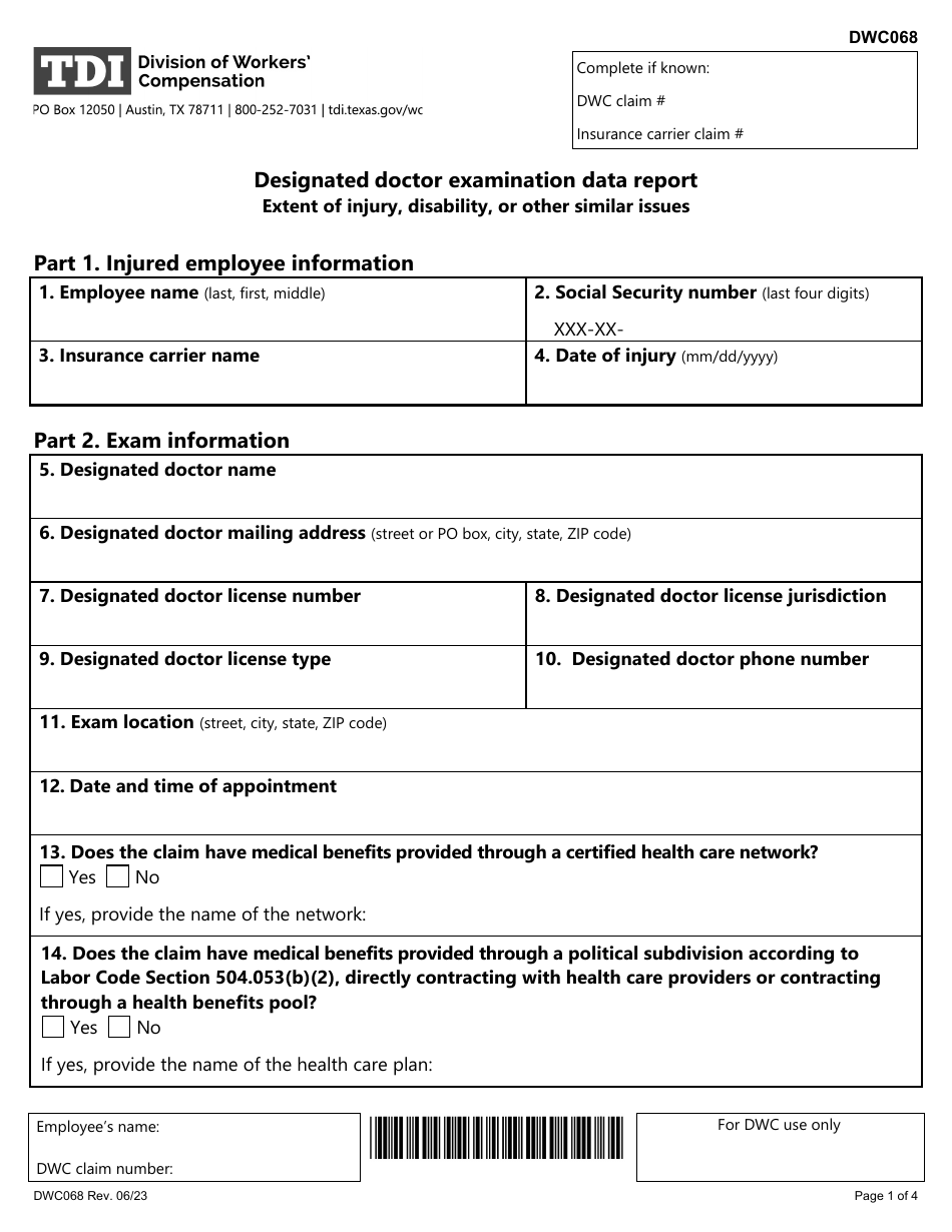 Form DWC068 - Fill Out, Sign Online and Download Fillable PDF, Texas ...