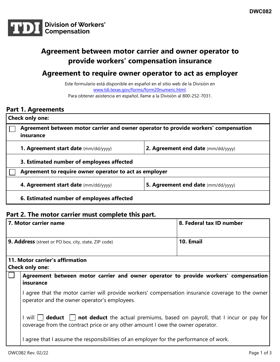Form DWC082 - Fill Out, Sign Online and Download Fillable PDF, Texas ...